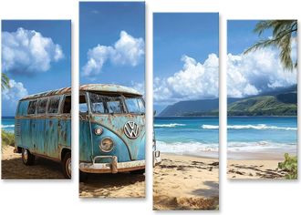 Islandburner Bild auf Leinwand T1 Bus am tropischen Strand f&uuml;r Wohnzimmer Reiselustige Reiseb&uuml;ro Bilder Wandbilder Poster