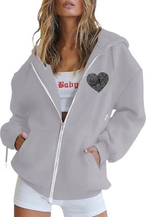 Generic 2026 Sweat à capuche zippé en polaire pour femme avec imprimé à manches longues et cordon de serrage - Pull décontracté pour lhiver au quotidien, gris