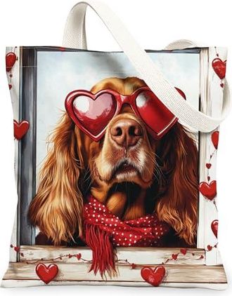 Generic Sac fourre-tout en toile motif chien Setter irlandais pour faire du shopping, 33 x 38,1 cm, sac &agrave; bandouli&egrave;re r&eacute;utilisable pour la Saint-Valentin, sac