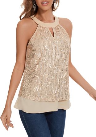Dresstells Glitzer Oberteile Damen Party Neckholder Top Festliches Glitzershirt Elegant Glitzertop Frauen Pailletten Shirt Disco Outfit Champagne XL