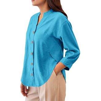 Generic Chemises en lin pour femme, chemisiers en coton et lin pour femmes, chemises d&eacute;t&eacute; en coton avec col en V, boutons, manches longues, chemisier respiran