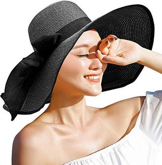 Dreshow Femme Capeline Chapeau de Paille à Large Bord Casquettes Anti-Soleil Respirant Anti UV Chapeau de Paille Plage de Soleil UPF 50+