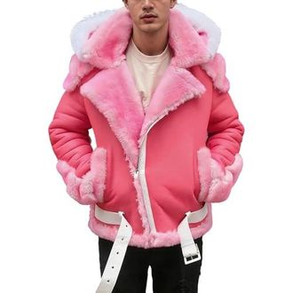 Generic Blouson aviateur en similicuir avec capuche pour homme - Chaud - Col en fausse fourrure - Manteau dhiver d&eacute;contract&eacute; - V&ecirc;tement dext&eacute;rieur, rose, 4XL