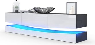 Vladon Lowboard City, Made in Germany, TV-Kommode mit Sockelelement, 1 offenem Fach und 3 Schubkästen, Schwarz Hochglanz/Weiß Hochglanz, inkl. LED-Beleuchtun