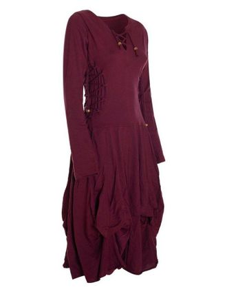 vishes Midikleid Langes Langarm Bio Ballonkleid einfarbig mit Schn&uuml;rung V-Ausschnitt Hippie, Elfen, Festag, Style