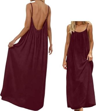 Generic Robe longue caraco dos nu pour femme, sans manches, couleur unie, dos ouvert, robe d&eacute;t&eacute; pour la plage, les vacances, la maison avec noeud dans le dos,