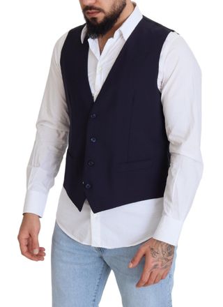 Dolce & Gabbana Mens Dark Blue Wool Stretch Waistcoat Formal Vest Virgin Elastane Clothing