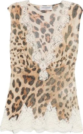Ermanno Scervino Femme, Blouses et Chemises, Brun, Taille: 40 FR Haut &agrave; imprim&eacute; l&eacute;opard et bordure en dentelle