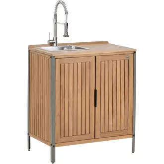 Beliani Outdoor-K&uuml;chenschrank mit Sp&uuml;le IVREA zertifiziertes Akazienholz Braun / Silber