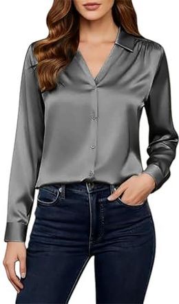 Generic Chemisier &agrave; manches longues pour le travail grande taille - Chemisiers en satin pour femme - Chemise habill&eacute;e &eacute;l&eacute;gante &agrave; boutons - Col en V - Col en V
