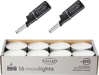 Edzard 16 Stück Maxi Teelichter, Durchmesser 58 mm, weiß, ohne Duft, Aluminiumhülle, Brenndauer 10 Stunden - plus 2 Mini-Stabfeuerzeuge Länge 11 cm