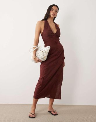 Asos Robe d&eacute;t&eacute; mi-longue en mousseline avec dos nu et buste sculpt&eacute; - Chocolat-Marron