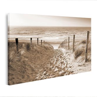 Islandburner Bild auf Leinwand Pfad Zum Meer Durch Sanddünen Und Holz Geländer In Sepia Bilder Wandbilder 80x40cm