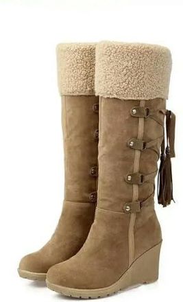 Generic JJDFW Bottes dhiver pour femme en coton chaud froid hiver genou haut talon compens&eacute; bottes grande taille, marron, 39 2/3 EU
