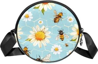 Generic Sac &agrave; bandouli&egrave;re rond pour femme, motif marguerites dabeilles, petit sac &agrave; bandouli&egrave;re avec fermeture &eacute;clair, bretelles r&eacute;glables, sac &agrave; main rond d&eacute;