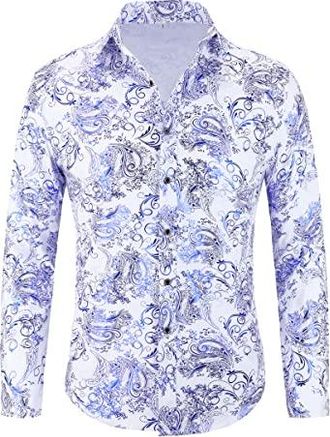 AlltheMen Chemise Homme à Manches Longues Paisley Floral Jacquard Slim Fit Casual Imprimée pour Mariage Soirée Blanc 3XL