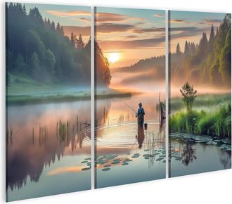 Islandburner Bild auf Leinwand Angler Am See Bei Sonnenaufgang Mit Nebel Und Wald Bilder Wandbilder Poster
