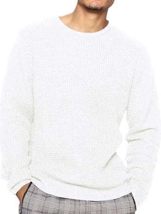 Generic Pull à col rond pour homme - Printemps et été - Manches longues - Col rond - Décontracté - Pull ample - Pull dhiver - Coupe ajustée, blanc, 3XL