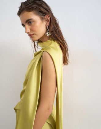 Topshop Hochwertiges, asymmetrisches Satin-Minikleid in Gold-Olivgr&uuml;n mit Neckholder und Schaldetail-Gelb
