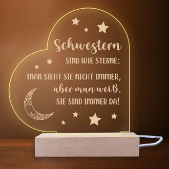 Indigos UG LED Nachttischlampe - Herz links - Spruch 7 - Schwester, Liebe, Familie - Herz mit Spruch - Nachtlicht - 3D-LED-Lampe - Geschenk, Geburtstag, Weihnach