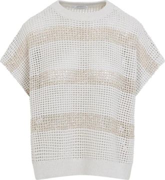 Brunello Cucinelli Femme, Pulls, Beige, Taille: 40 FR Pull en maille ray&eacute;