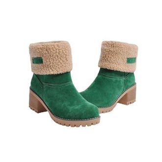 Generic Bottines à talon épais et chaud pour femme - Confortables - À enfiler - En daim - Chaussures dextérieur, Vert, 38.5 EU