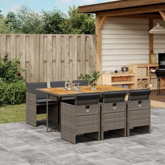 vidaXL 7-tlg. Garten-Essgruppe mit Kissen Grau Poly Rattan Vidaxl