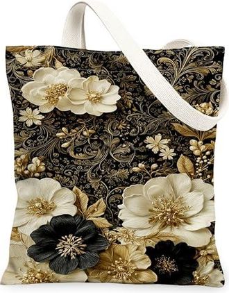 Generic Sacs fourre-tout &eacute;l&eacute;gants en toile &agrave; motif floral vintage, sacs d&eacute;picerie r&eacute;utilisables, d&eacute;coratifs dautomne, l&eacute;gers et lavables, noir, 13x15 Inch