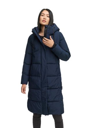 Marikoo Damen Wintermantel (XS-6XL) gesteppt, lange Form, abnehmbare Kapuze, Magnettaschen - N057 - Navy Gr.XL - Gr.XL