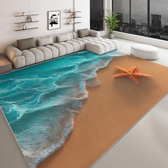 Generic Tapis Bleu Lavable pour Salon, Tapis &agrave; Poils Courts Antid&eacute;rapant C&ocirc;tier 3D Plage Vagues pour Enfants Bureau Salle &agrave; Manger Cuisine et Chambre denfant,