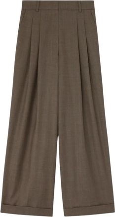 Ganni Pantalon pliss&eacute; oversize en laine chin&eacute;e - Femme - Pantalons - Brun - Taille: 36 FR