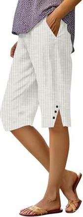 Generic Short en lin longueur genou pour femme, short en lin ray&eacute; pour femme, pantalon court ample longueur genou avec poches, fente lat&eacute;rale, pantalon large 