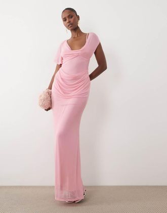 Asos Robe longue en tulle drap&eacute;e &agrave; manches asym&eacute;triques - Rose