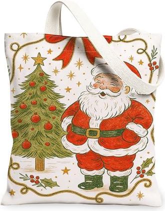 Generic Sac fourre-tout en toile motif P&egrave;re No&euml;l vintage motif sapin de vacances r&eacute;utilisable l&eacute;ger lavable pour lext&eacute;rieur, les voyages, les pique-niques, bl