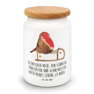 Mr. & Mrs. Panda Vorratsdose Rotkehlchen Schlitten - Geschenk, Frischhaltedosen, Dose, Weihnachten, Frischhaltedose, Vorratsdosen, Vorratsglas, Vogel, Kaffeedose