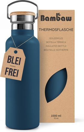 Bambaw Isolierflasche, 1 l, blaue Wasserflasche, Edelstahlflasche, 1 l, BPA-freie Trinkflasche, wiederverwendbare Trinkflasche - Saphirblau