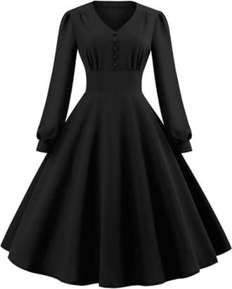 Generic Robe Ann&eacute;es 50 Vintage Femme Retro Rockabilly Pin Up Chic Et Elegante Robes Manches Longues Polka Dot Ann&eacute;e 60 70 Swing Casual Dress De C&eacute;r&eacute;monie Bal 