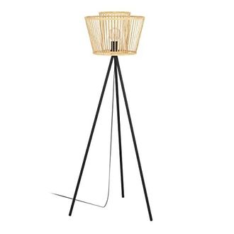 Eglo Stativ Stehleuchte Hykeham, Stehlampe aus Holz in Natur und Metall in Schwarz, Dreibein Standleuchte Boho, Bambus Lampe Wohnzimmer, Wohnzimmerlampe mi