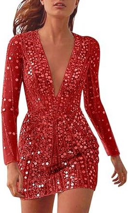 Generic Robe portefeuille &agrave; manches longues et col en V profond pour femme, Rouge, XXL