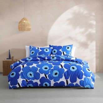 Marimekko Bettw&auml;sche-Set f&uuml;r Doppelbett, Baumwollperkal, wendbar, mit passenden Kissenbez&uuml;gen, florales Design (Unikko Blue, Full/Queen)