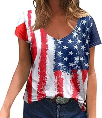 Janly T-shirts Personnalis&eacute; Peint &agrave; la Main Femme T-shirt avec Drapeau Am&eacute;ricain Col en V pour le Jour de lInd&eacute;pendance T-shirt surdimensionn&eacute; pour Femmes G