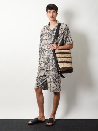 Loewe Mens Bucket Bag Paulas Ibiza Raffia Beige Raffia-Leather Shoulder Raffia/leather