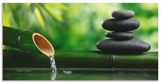 Artland ARTland Wanddeko Wandbild Alu Verbundplatte für Innen & Outdoor Bild 100x50 cm Wellness Zen Stein Fotografie Grün Bambusbrunnen und Zen-Stein S5YF
