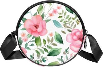 Generic Petit sac &agrave; bandouli&egrave;re circulaire pour femme, motif feuilles florales, sac &agrave; dos avec fermeture &eacute;clair, bretelles r&eacute;glables, sac &agrave; main rond d&eacute;contra