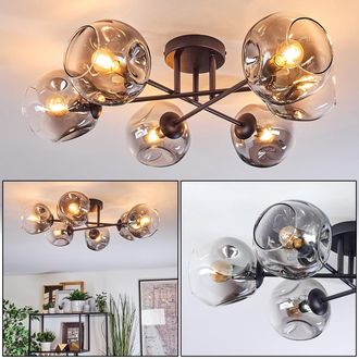 HOFSTEIN Deckenleuchte Ripoll, 6-flammige Deckenlampe aus Metall/Glas in Schwarz/Rauchfarben/Klar, moderne Leuchte im Retro/Vintage-Design (&Oslash; Schirme 15 cm), E