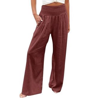 Generic Pantalon d&eacute;t&eacute; Palazzo en lin pour femme - Pantalon de loisirs en coton et lin - Taille haute - Pantalon daffaires l&eacute;ger et a&eacute;r&eacute; - Pantalon d&eacute;t&eacute; long e