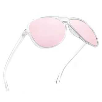 JIM HALO Polarisiert Flieger Sonnenbrille Damen Herren Oversize Plastik Fahren Gl&auml;ser(Matter transparenter Rahmen/Polarisierte Rosa Linse)