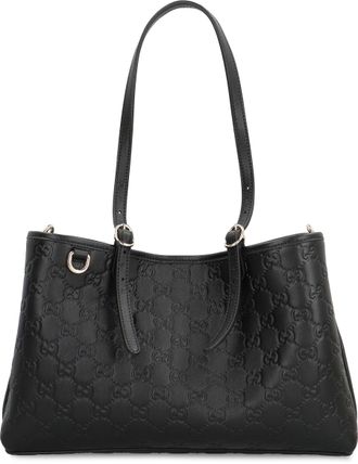 Gucci Womens Tote Bag Gg Emblem Media Black Leather Calfskin