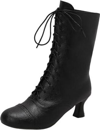 Generic Bottes &agrave; lacets pour femme - Bout rond - &Eacute;l&eacute;gantes - Style r&eacute;tro - Couleur unie - Similicuir - Confortables - Pour le bureau et les f&ecirc;tes, Noir, 39.5 