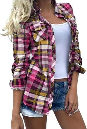 Generic Cardigan &agrave; manches longues et col en V imprim&eacute; &agrave; carreaux num&eacute;riques pour femme, rose vif, XXL